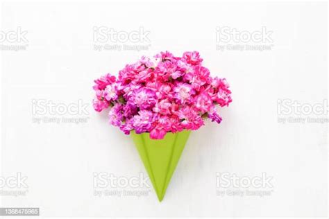 흰색 배경에 녹색 콘에 분홍색 카네이션 꽃다발 플랫 레이 복사 공간 0명에 대한 스톡 사진 및 기타 이미지 0명 개념 개화기 Istock