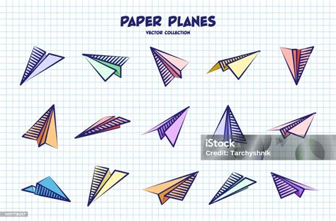 바둑판 무늬 종이 시트에 손으로 그린 비행기 그림을 그리기 위한 학교 공책 낙서 비행기 항공기 아이콘 간단한 화려한 비행기 실루엣 윤곽선 라인 아트 벡터 그림 개념에 대한