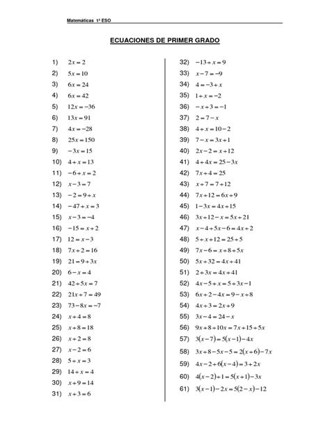 Ejercicios De Ecuaciones 1ergrado Pdf