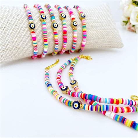 Evil Eye Bracelet Rainbow Heishi Bracelet Polymer Disc Bead Beach B