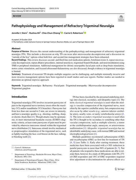 Pathophysiology And Management Of Refractory Trigeminal Neuralgia