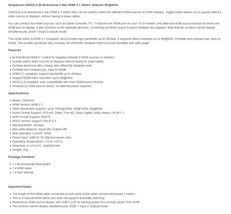 Simplecom CM302v2 Bi Directional 2 Way HDMI 2 1 Switch Selector 8K 60Hz PLE Computers