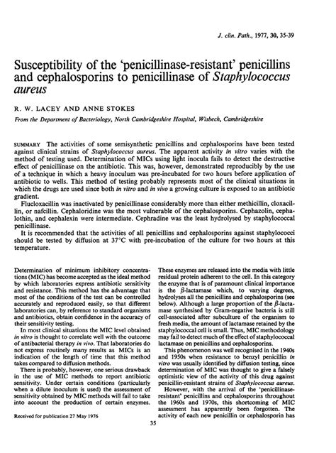 Susceptibility Of The Penicillinase Resistant Penicillins And Cephalosporins To Penicillinase