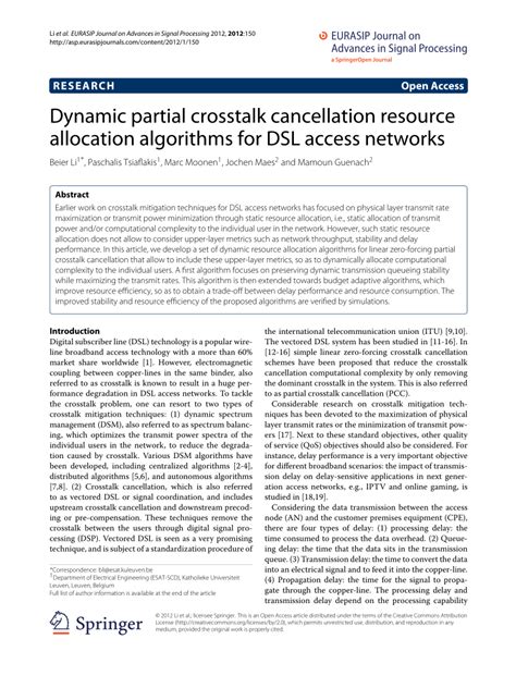 Pdf Dynamic Partial Crosstalk Cancellation Resource Allocation Algorithms For Dsl Access Networks
