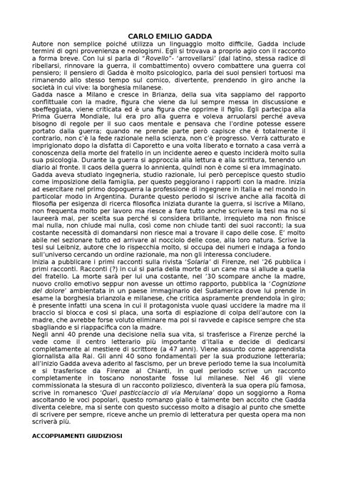 Riassunto Generale Carlo Emilio Gadda Docsity