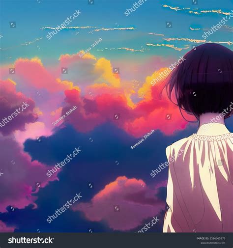 Beautiful Short Haired Girl Looking Sky Stock Illustration 2216065375