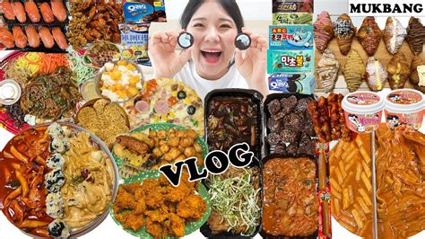 Sub먹방브이로그로제불닭납작당면떡참불마왕트러플짜장떡볶이치킨양장피연어초밥피자순후추라면새마을식당김치찌개불고기빙수민트초코과자빵크라상점mukbang폭식