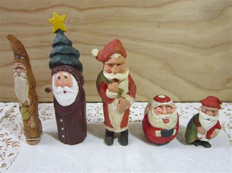 Collection Of Five Whimsical Carved Wood Santa Claus Figurines Wood