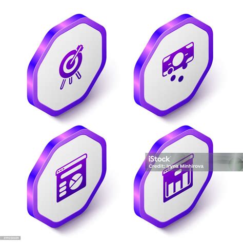 아이소 메트릭 목표 재무 목표를 설정하고 지폐 현금 파이 차트 인포 그래픽 및 주식 시장 아이콘이있는 브라우저를 설정합니다 보라색 육각형 버튼 벡터 3차원 형태에 대한 스톡