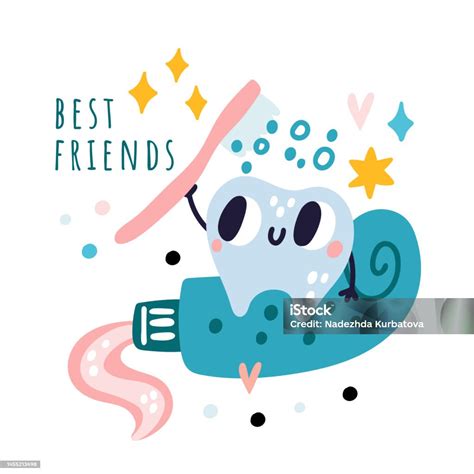 어린이 치과 배너입니다 귀여운 만화 이빨 캐릭터 구강 위생 단계 재미있는 얼굴을 가진 행복한 어금니 마스코트 치약과 칫솔 치과 치료 벡터 아이 교육 카드 0명에 대한 스톡