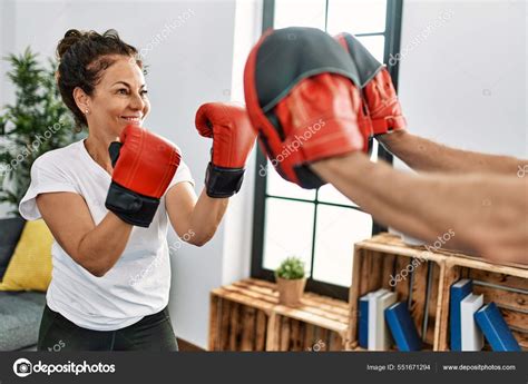 Middle Age Hispanic Couple Smiling Happy Training Boxing Home — Stock