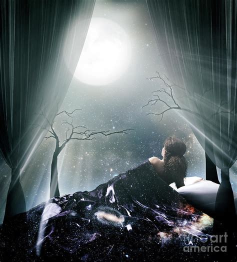 Woman Lying In Bed Under A Glowing Moon In The Night Sky Photograph By