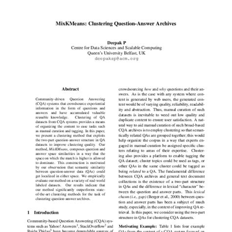 Mixkmeans Clustering Question Answer Archives Acl Anthology