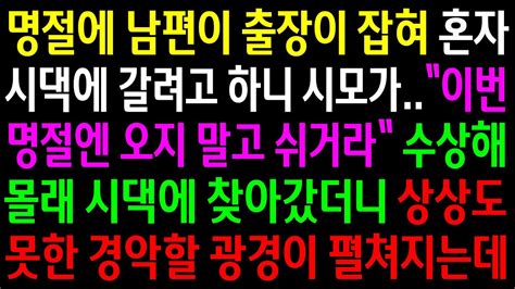 반전사연명절에 남편이 출장이 잡혀 혼자 시댁에 갈려고 하니 오지 말라는 시모수상해 몰래 시댁에 갔더니 상상도 못한 광경이
