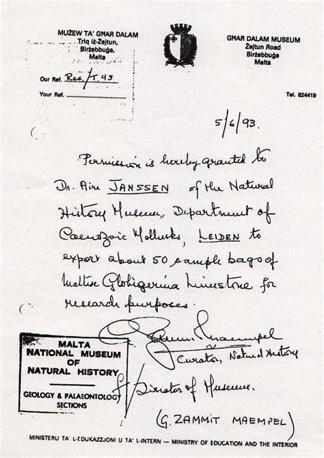 Example Of Export Permit Of Maltese Palaeontological Samples To The