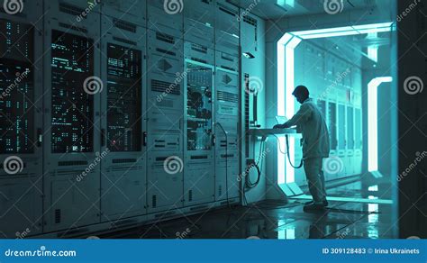 Professional Technician Working In Server Room Man Troubleshooting In Data Center Concept Of