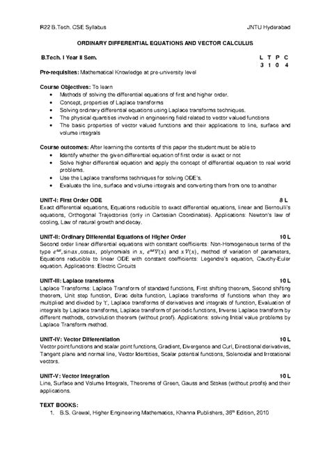 R22 I Ii Cse Odeandvc Syllabus R22 B Cse Syllabus Jntu Hyderabad Ordinary Differential