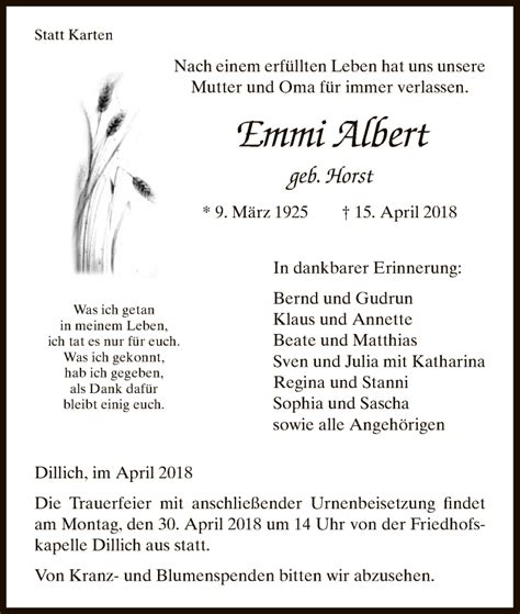 Traueranzeigen Von Emmi Albert Trauerhnade