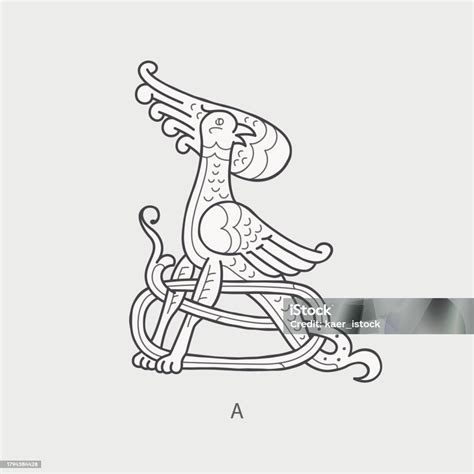 문자 로고 중세 드롭 캡 모노그램 나선형 켈트 독수리 새 매로 만든 이니셜 고딕 조명 서예 고대의에 대한 스톡 벡터 아트 및