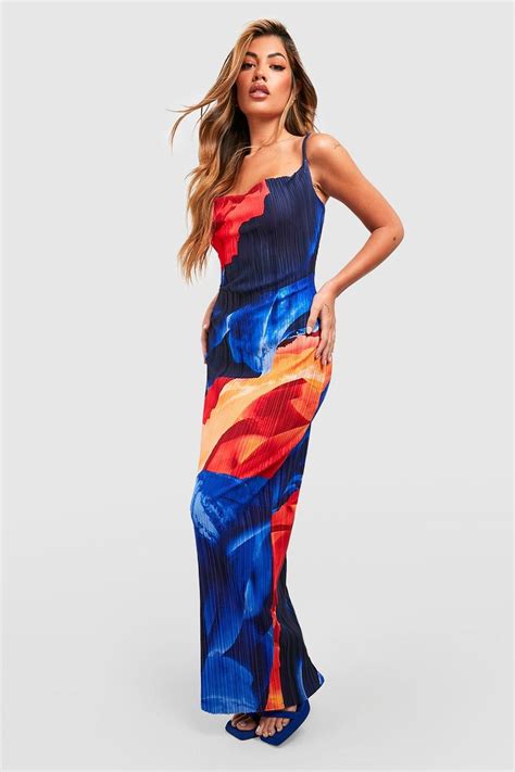 Dresses Cowl Neck Abstract Plisse Maxi Dress Boohoo