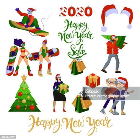 흰색 배경에 개체와 문자와 크리스마스와 새해에 대한 평면 만화 벡터 세트 2020년에 대한 스톡 벡터 아트 및 기타 이미지