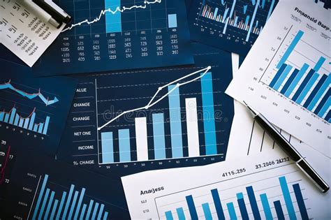 Comprehensive Financial Data Analysis Desk With Blue And White Bar Graphs And Numerical Data