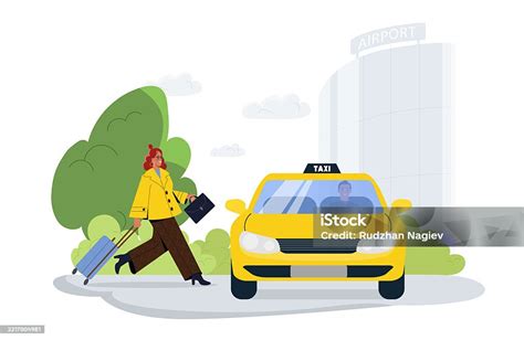 공항에서 택시 여행 가방을 든 여자가 공항 근처에서 택시를 탔습니다 여행 및 관광 국제 관광 렌트카 휴일과 휴가 플랫 벡터 일러스트 레이 션 공항에 대한 스톡 벡터 아트 및