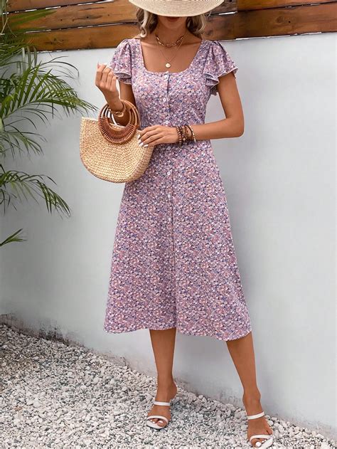 SHEIN Frenchy Vestido con estampado floral con botón delantero de manga