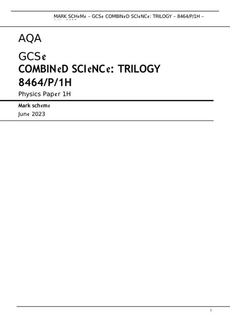 Aqa Gcse Combined Science Trilogy Higher Tier Physics Paper 1h Thursday