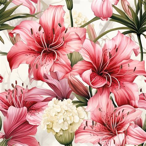 Premium Ai Image Seamless Pattern Nerine Lily Flowers Vintage Style