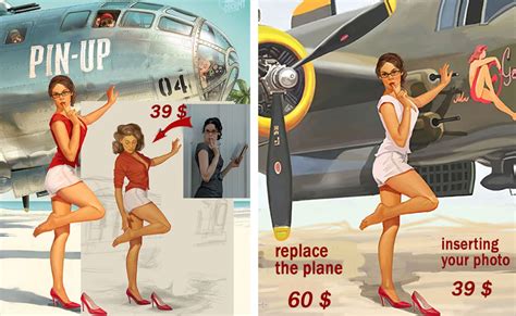 Personalized Portrait Pin Up Style Airplane Pin Up Art Etsy