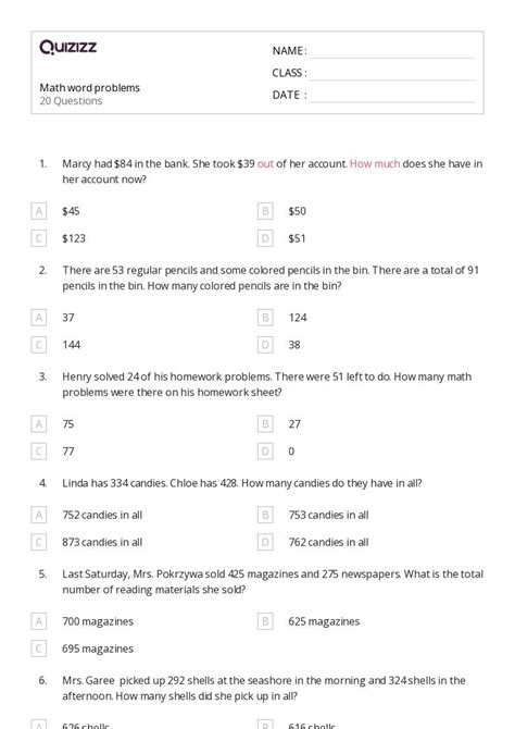 50 Math Word Problems Worksheets For 8th Grade On Quizizz Free