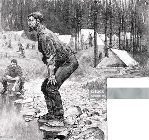 황량한 서부의 야영지 개울가에 서 있는 남자 약간 쪼그리고 앉은 사람 1890 1899 년에 대한 스톡 벡터 아트 및 기타