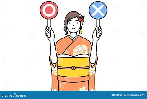 woman in furisode holding a placard indicating correct and incorrect