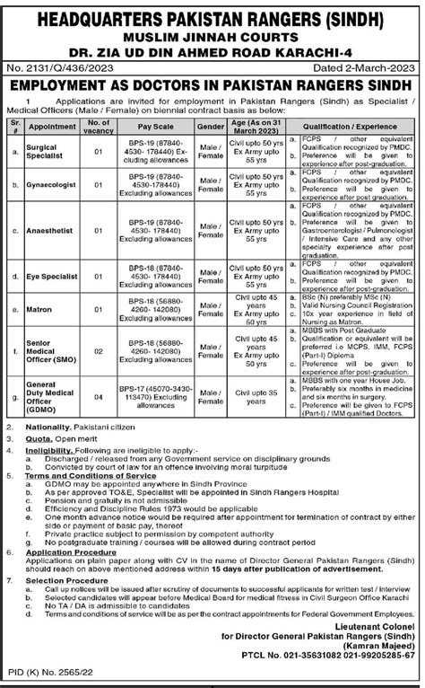 Pakistan Rangers Sindh Jobs 2023 For Gdmo Mos Smo Matron