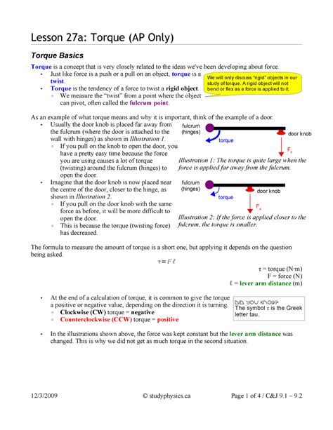 27 Ap A Torque Detailed Lecture Notes For Physics With Examples Lesson 27a Torque Ap Only