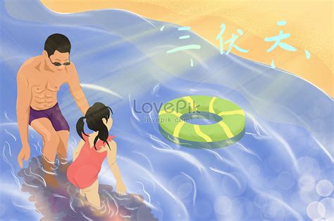 물놀이를하기 위해 해변에서 수영하는 아이들과 함께 산 푸틴 인 일러스트 무료 다운로드 Lovepik
