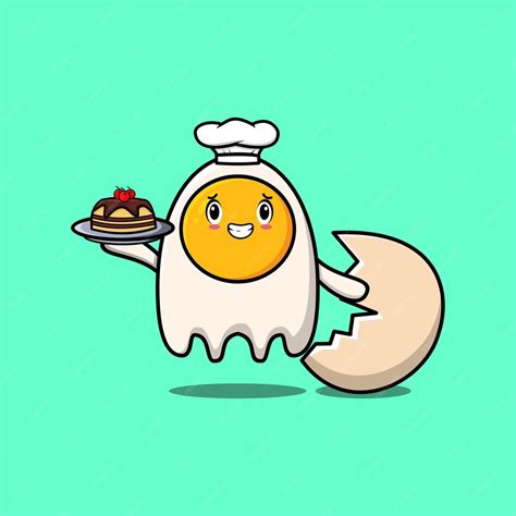 Chef De Dessin Animé Mignon Personnage Doeufs Frits Servant Un Gâteau