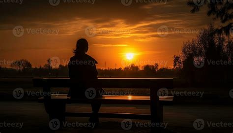 Silhouette Of Couple Sitting On Bench Watching Sunset Generated By Ai