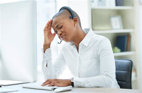Black Woman Headache And Stress In Call Center By Computer For