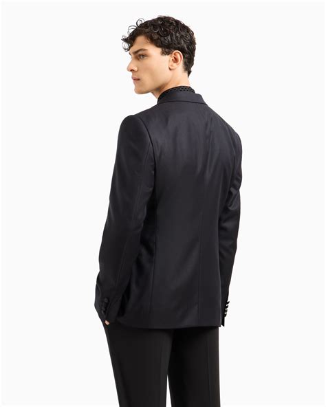Slim Fit Tuxedo Jacket In Jacquard Virgin Wool With A Chevron Motif