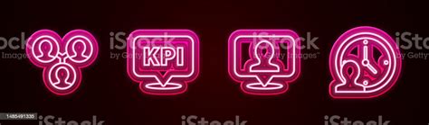 라인 설정 프로젝트 팀 기반 핵심 성과 지표 사람과의 위치 및 시간 관리 빛나는 네온 아이콘입니다 벡터 개념에 대한 스톡 벡터