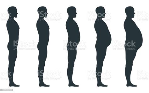 블랙 뷰 사이드 바디 실루엣 지방 여분의 무게 남성 해부학 인간의 캐릭터 흰색 평면 벡터 일러스트에 고립 된 사람들 더미 건강에