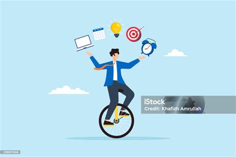 숙련 된 사업가가 외발 자전거를 타고 저글링하는 동안 노트북 달력 아이디어 이메일 Bullseye 알람 시계 생산성 및 멀티 태스킹의 평면 그림 개념에 대한 스톡 벡터 아트