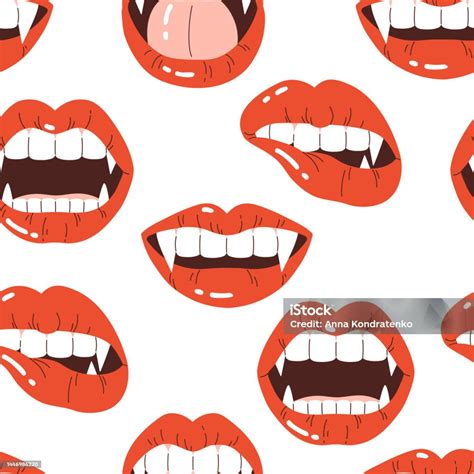 송곳니가 있는 뱀파이어의 입술이 있는 매끄러운 패턴 밝은 붉은 입술과 길고 날카로운 이빨을 가진 여자의 입 뱀파이어 미학 만화