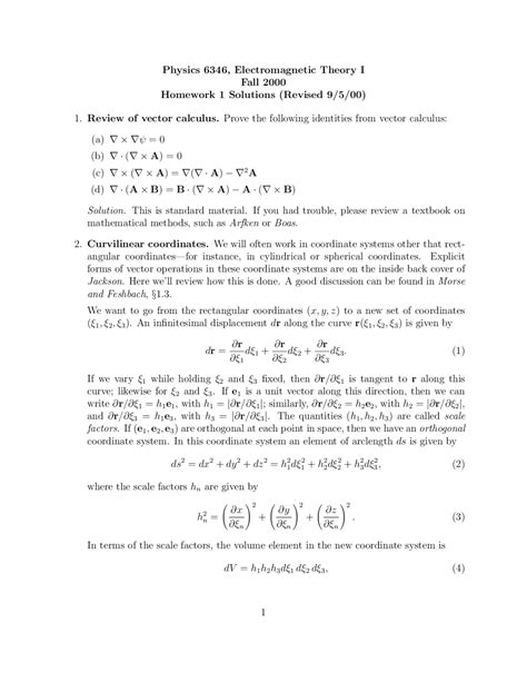 Homework 1 Solutions For Electromagnetic Theory I Phy 6346 Docsity