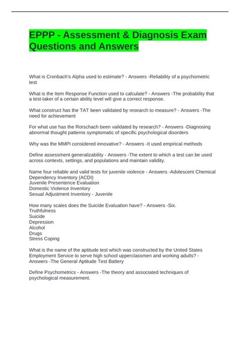 Eppp Assessment And Diagnosis Exam Questions And Answers Eppp Stuvia Uk