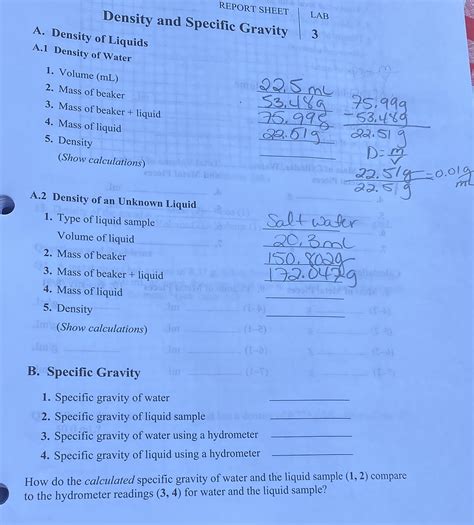REPORT SHEET LAB Density And Specific Gravity A Density Of Course Hero