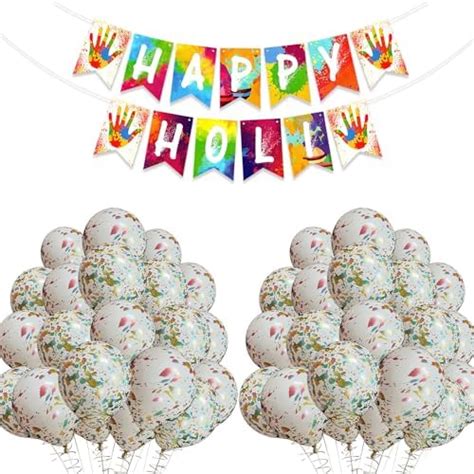 Rozi Decoration Happy Holi Banner With Multi Color Metallic Balloons
