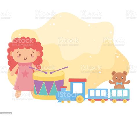 아이 장난감 인형 드럼 기차와 테디 베어 개체 재미있는 만화 교육에 대한 스톡 벡터 아트 및 기타 이미지 교육 귀여운